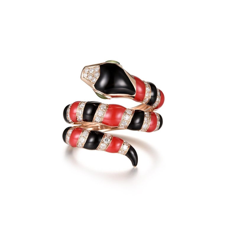 Enamel Snake Black and Red Enamel Diamond Ring in 18 Karat Rose Gold at ...