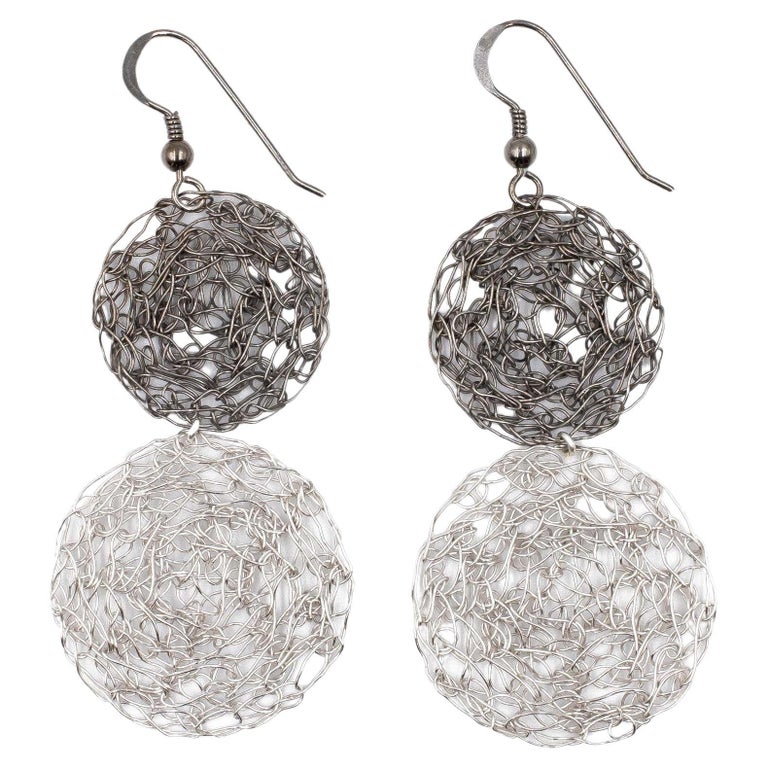 Black Rhodium and Platinum Hand Knitted Disc earrings For Sale at 1stDibs