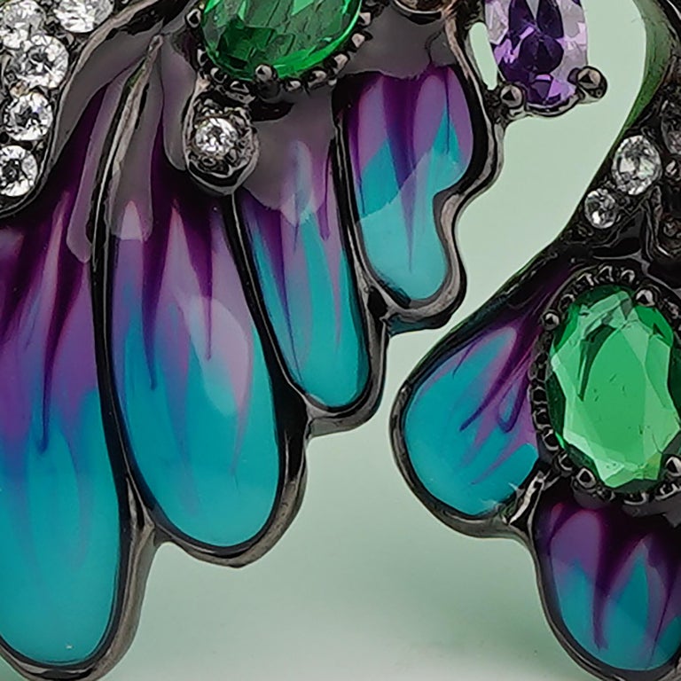 Black Rhodium-Plated 925 Sterling Silver with Enamels Butterfly Shaped ...