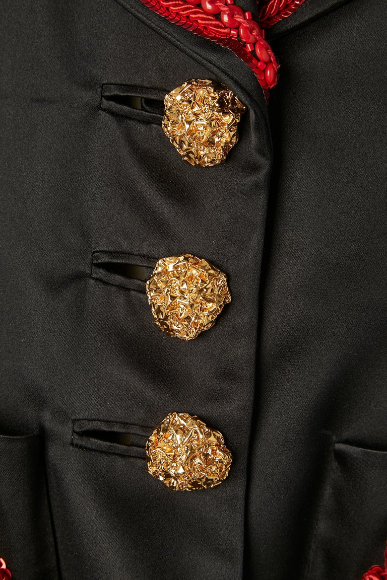 Black satin evening jacket with red embroideries Yves Saint Laurent ...