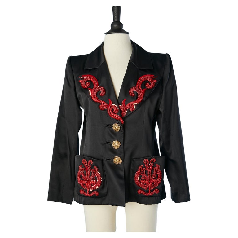 Black satin evening jacket with red embroideries Yves Saint Laurent ...