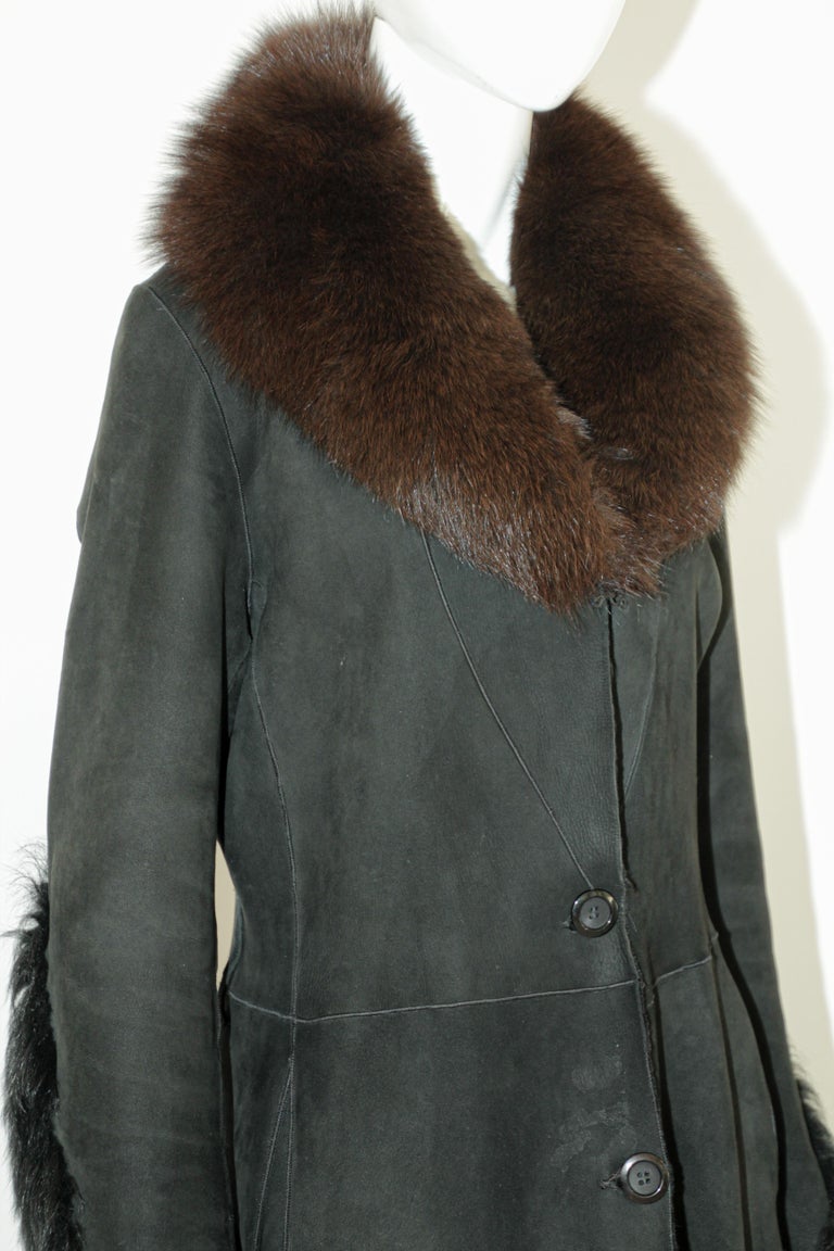 Black Shearling Lamb Suede Leather Fur Jacket Coat For Sale at 1stDibs