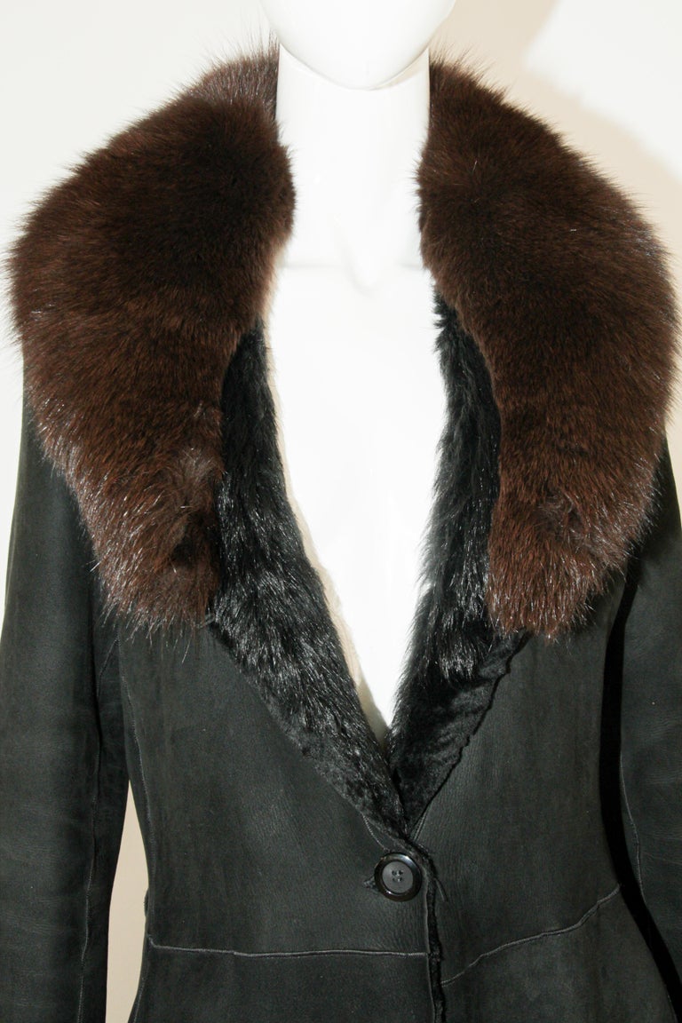 Black Shearling Lamb Suede Leather Fur Jacket Coat For Sale at 1stDibs