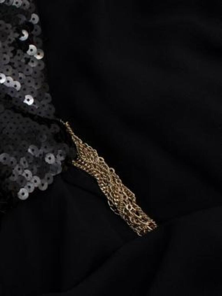 Black Silk Mini Dress with Sequin Cap Sleeves and Gold Chain Detail For ...