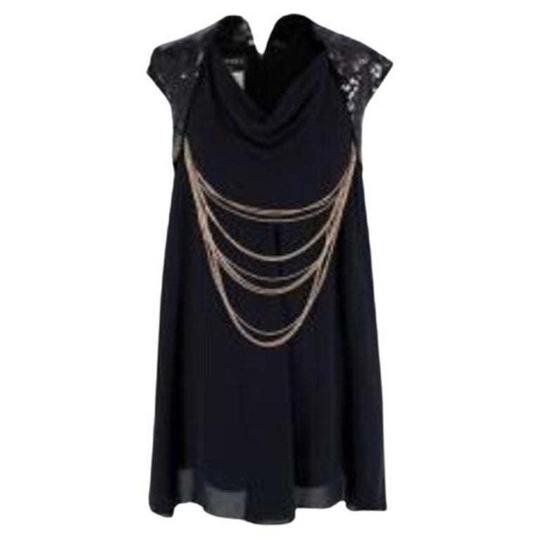 Black Silk Mini Dress with Sequin Cap Sleeves and Gold Chain Detail For ...