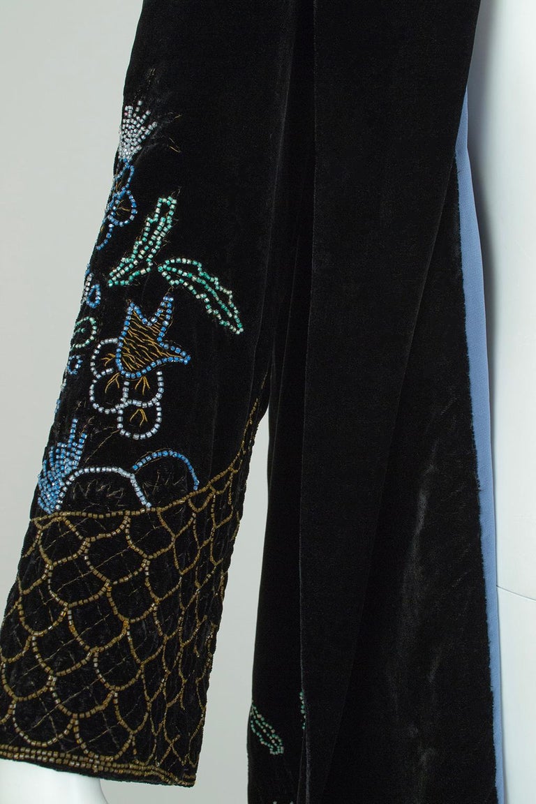 Black Silk Velvet Gold Bouillon Beaded Opera Coat w Blue Silk Lining-S ...