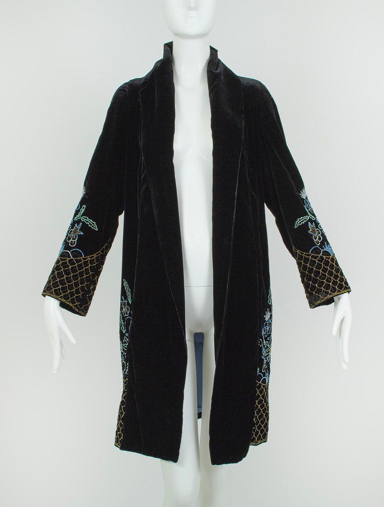 Black Silk Velvet Gold Bouillon Beaded Opera Coat w Blue Silk Lining-S ...