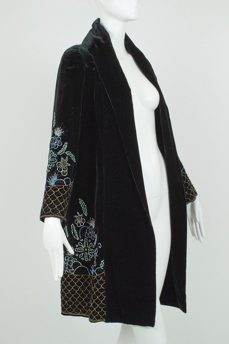 Black Silk Velvet Gold Bouillon Beaded Opera Coat w Blue Silk Lining-S ...