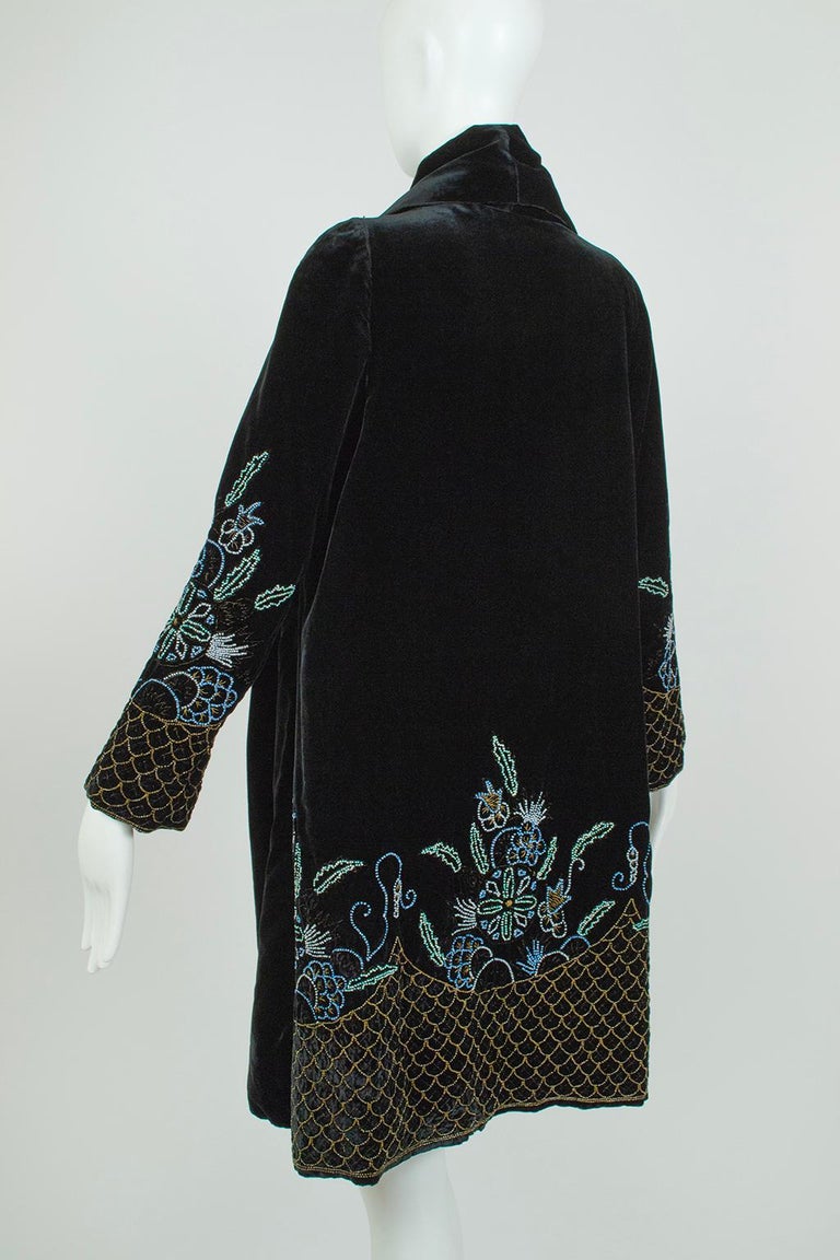 Black Silk Velvet Gold Bouillon Beaded Opera Coat w Blue Silk Lining-S ...