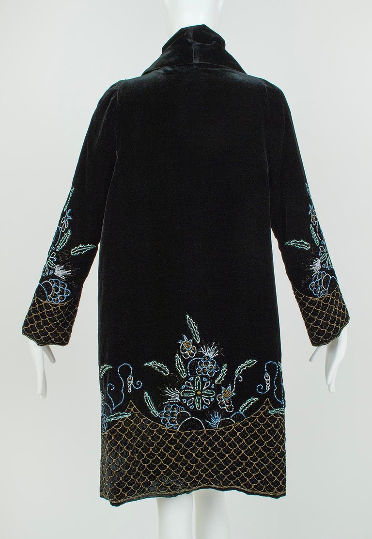 Black Silk Velvet Gold Bouillon Beaded Opera Coat w Blue Silk Lining-S ...