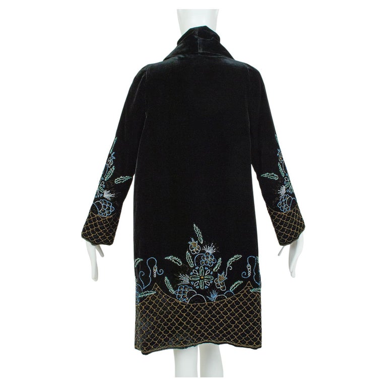 Black Silk Velvet Gold Bouillon Beaded Opera Coat w Blue Silk Lining-S ...