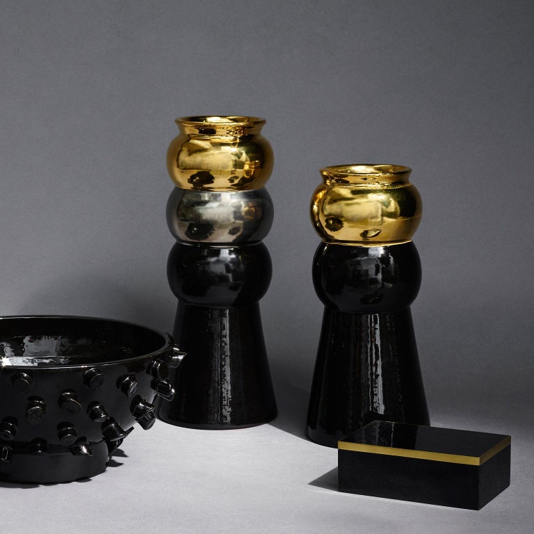 Black, Silver and Gold Maiolica Ceramic Halston Vase by Greg Natale For ...