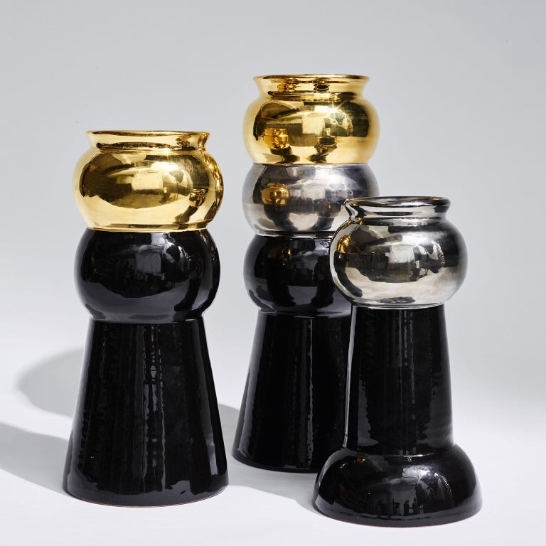 Black, Silver and Gold Maiolica Ceramic Halston Vase by Greg Natale For ...