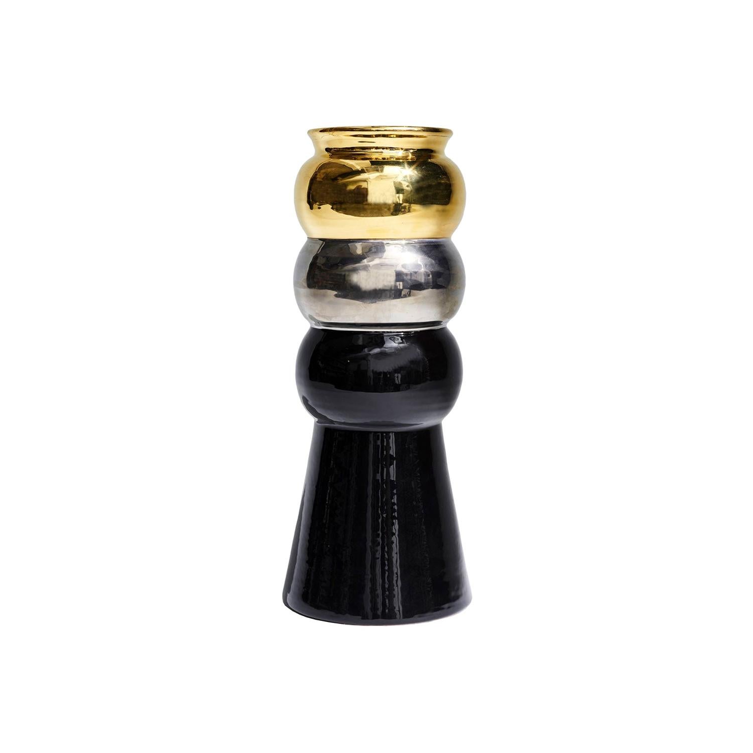 Black, Silver and Gold Maiolica Ceramic Halston Vase by Greg Natale For ...