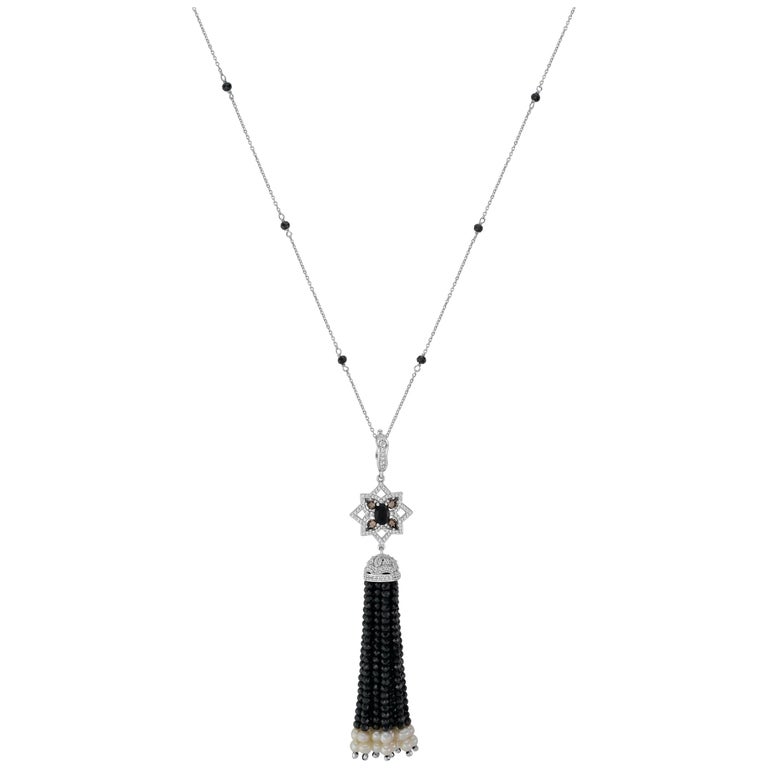 925 Sterling Silver Black Spinel Beads And Freshwater Pearl Tassel