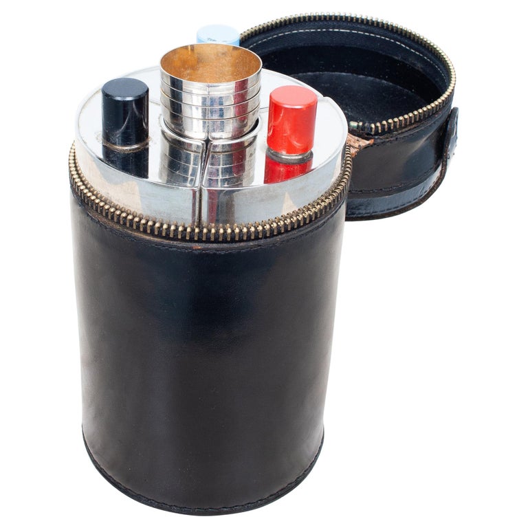 Black Stich Leather Hip Flask Set, c1930's at 1stDibs