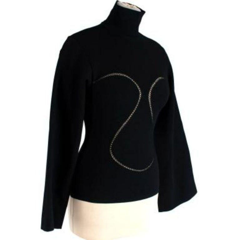 black stretch-knit ladder lace mock neck top For Sale at 1stDibs