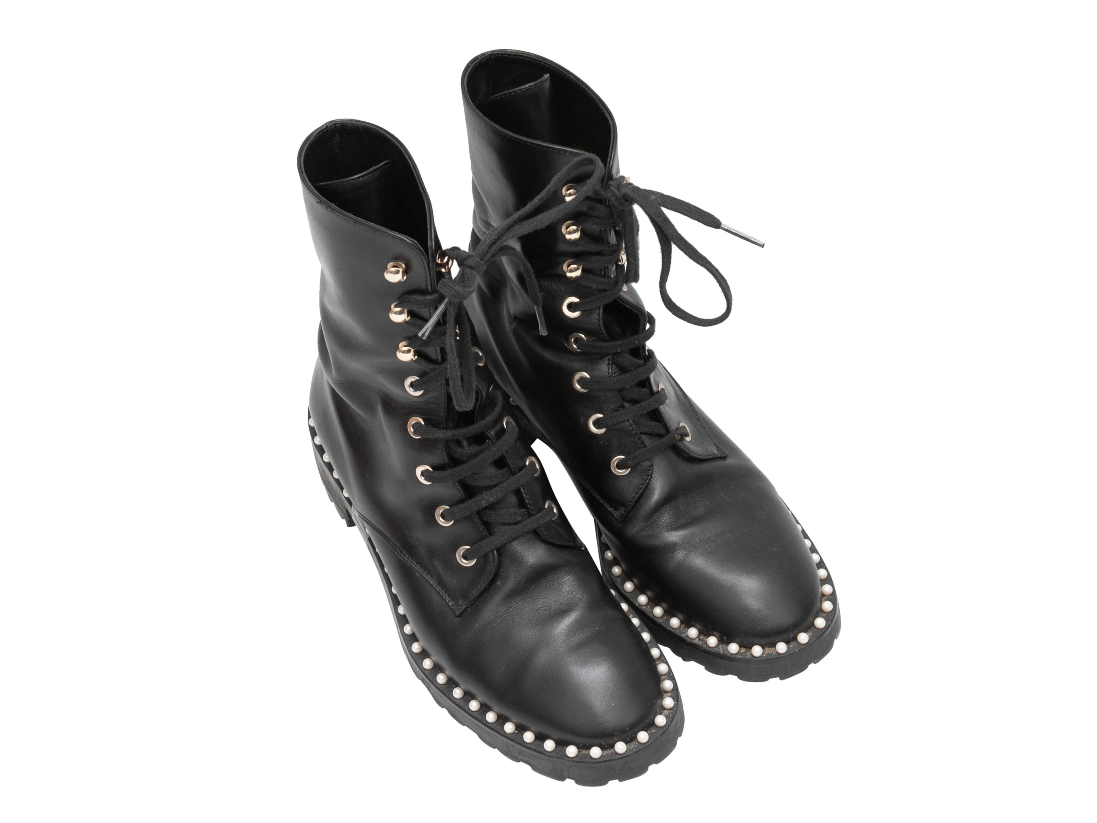 Black Stuart Weitzman Leather Faux Pearl-Trimmed Combat Boots For Sale ...