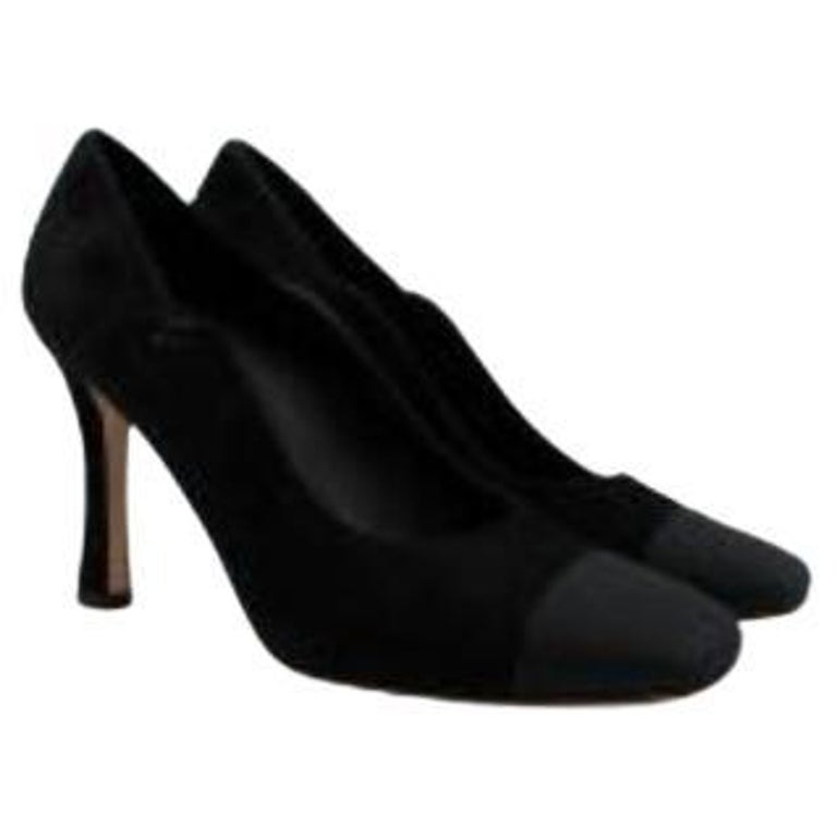 Black Suede/Satin Cap-Toe Square Toe Pumps For Sale at 1stDibs