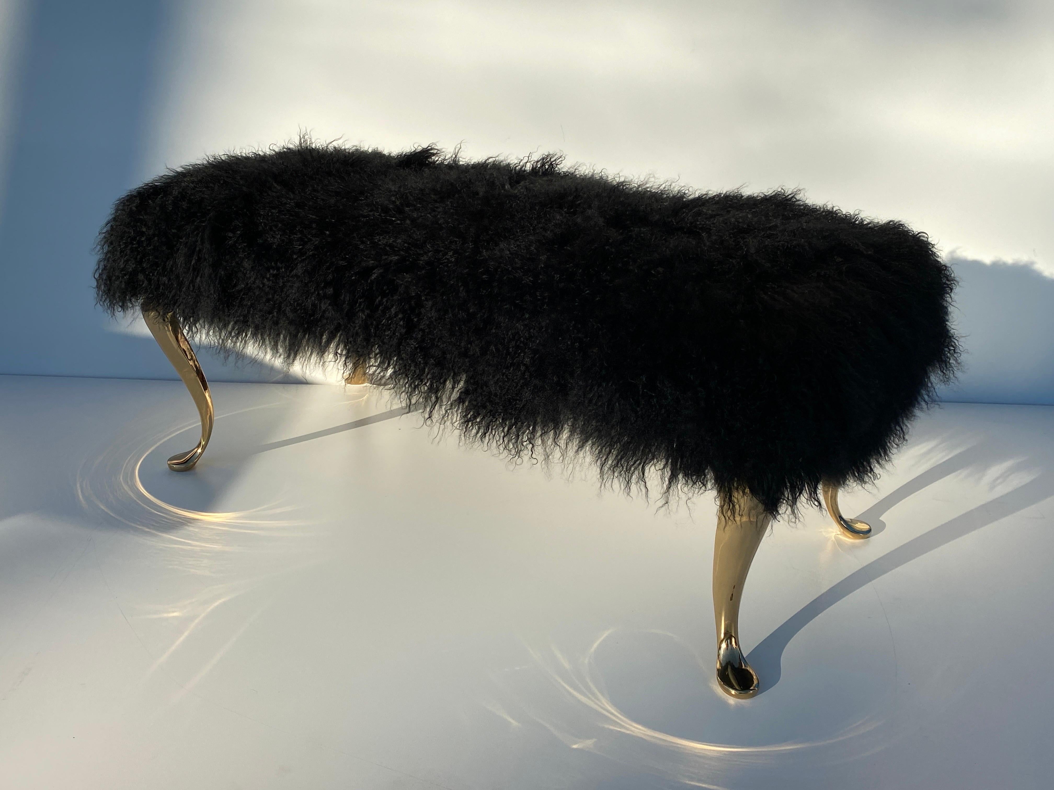 Black Tibetan Fur Bench with Brass Legs at 1stDibs