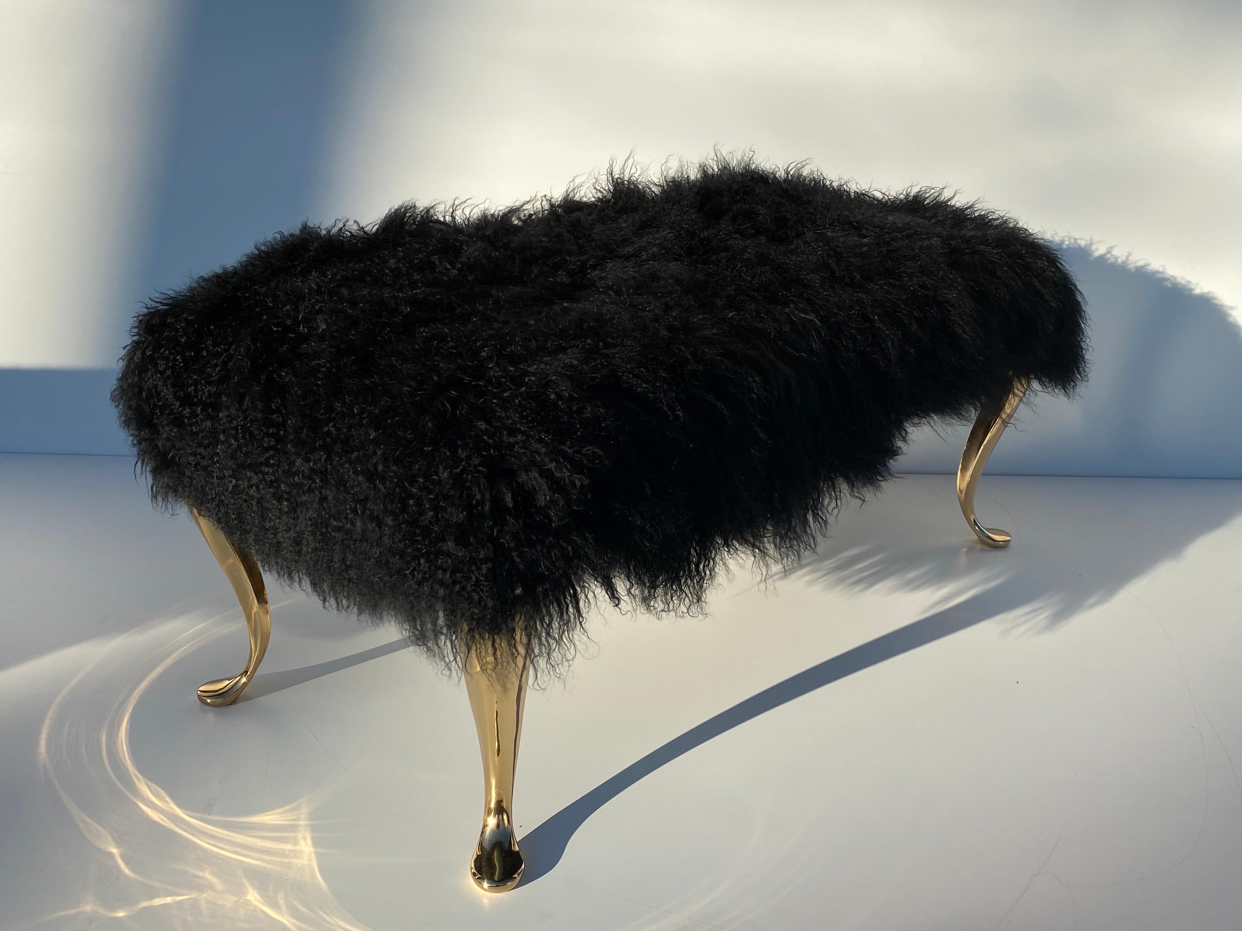 Black Tibetan Fur Bench with Brass Legs at 1stDibs