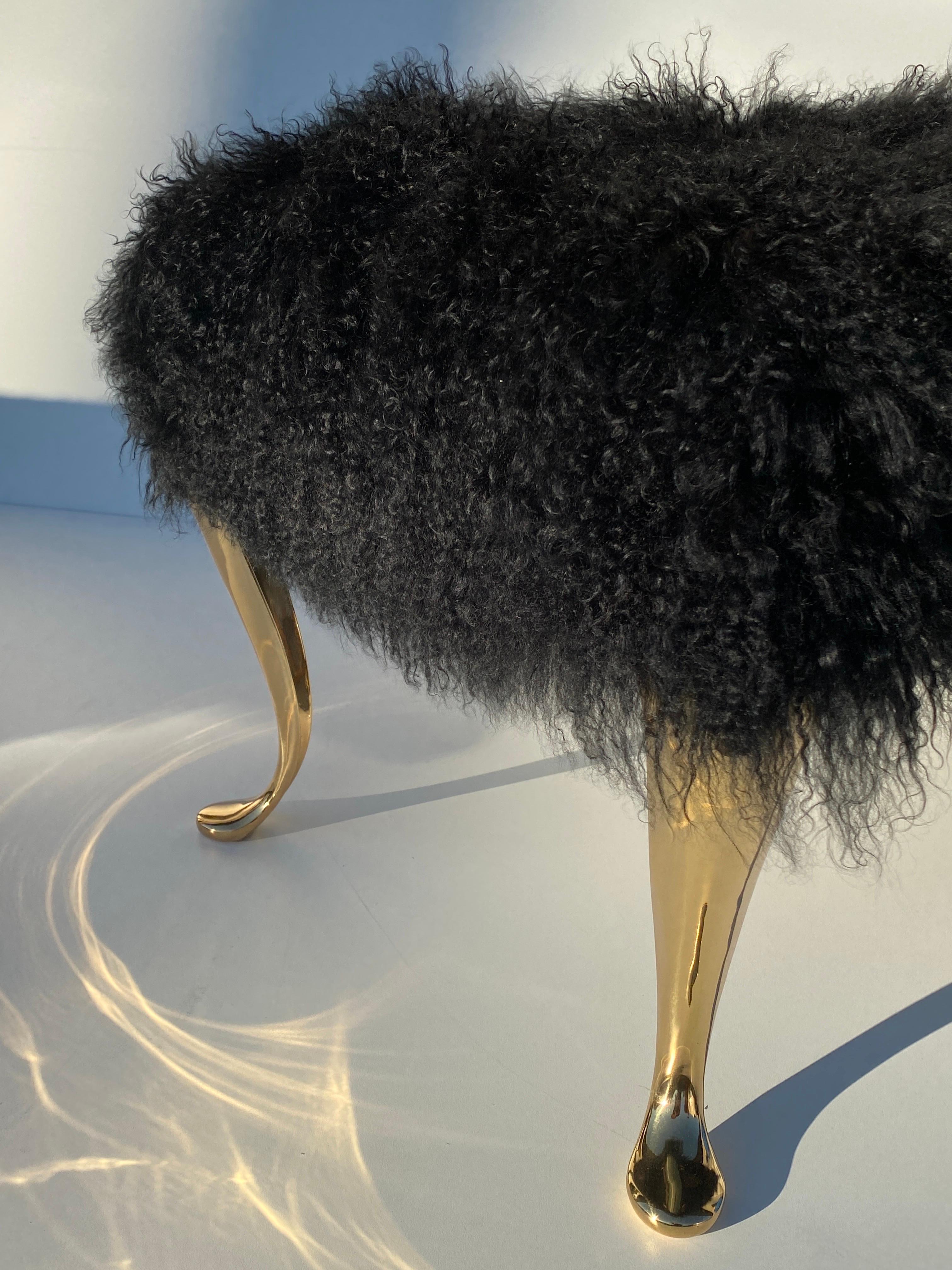Black Tibetan Fur Bench with Brass Legs at 1stDibs