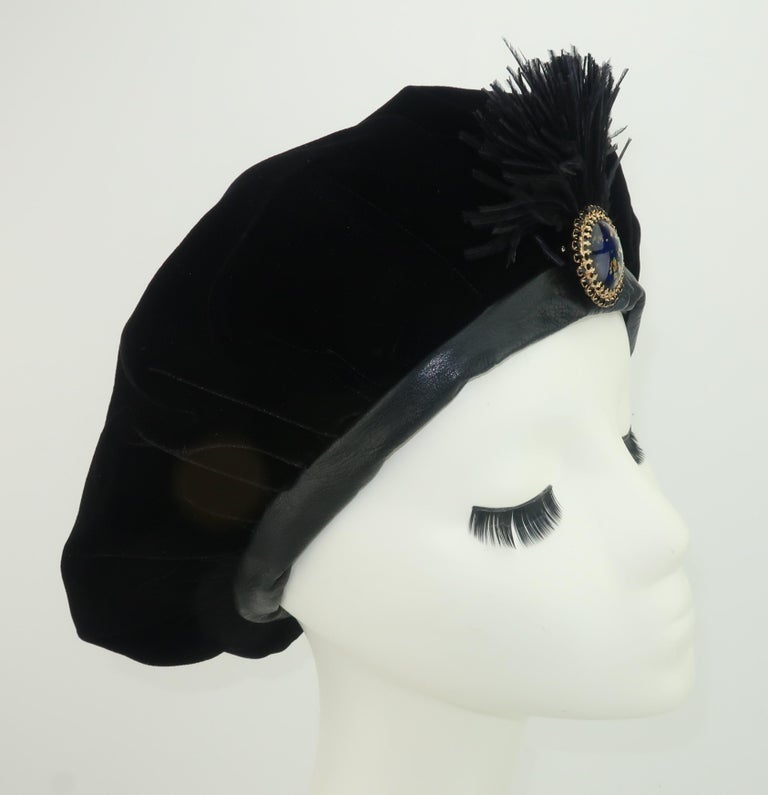 Black Velvet and Leather Beret Style Hat at 1stDibs