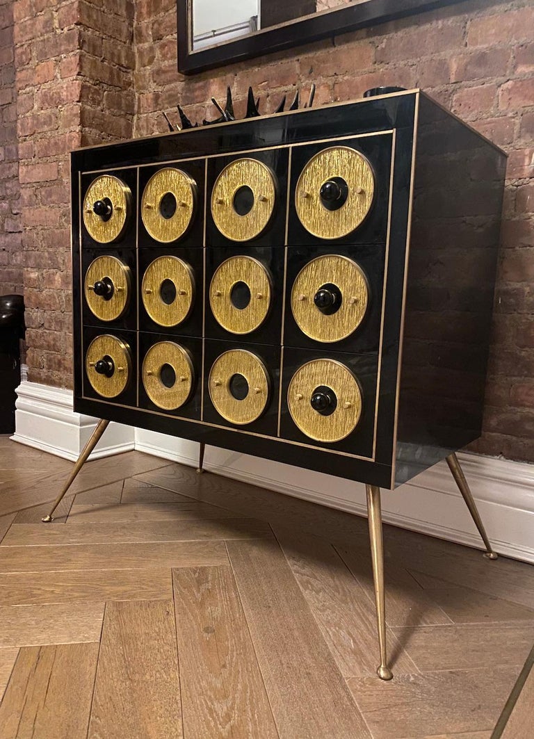 Black Vintage 1960s Style Glass Commode with Brass Accents Chest of ...