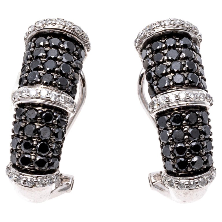 14k White Gold Black and White Pave Diamond J Hoop Earrings, App. 1.80 ...
