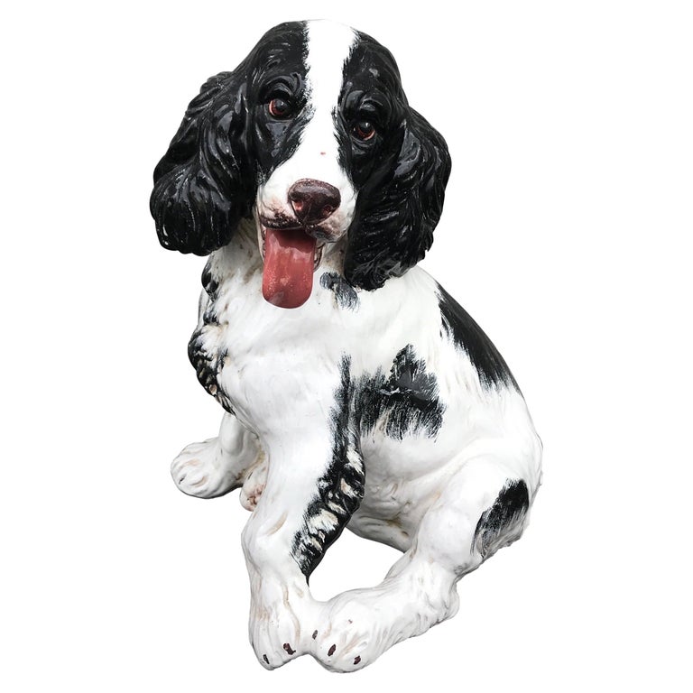 Black and White Glazed Terra Cotta Seated Spaniel For Sale at 1stDibs
