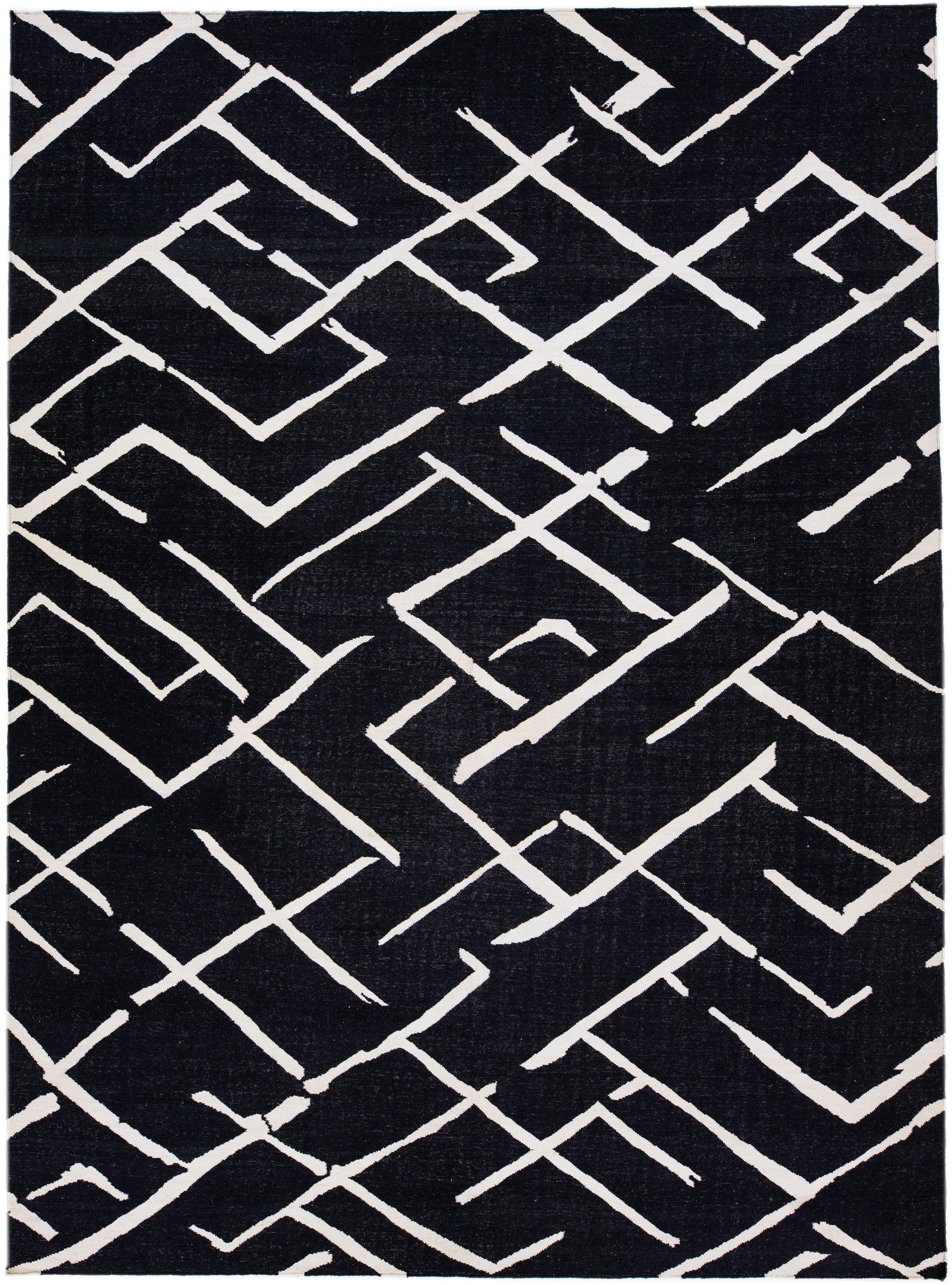 Black and White Modern Kilim Flatweave Wool Rug with Geometric Pattern ...