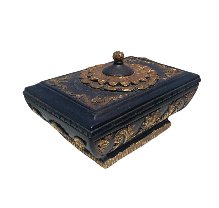 Black Wood Box hand painted with a gold gilt and carved For Sale at 1stDibs