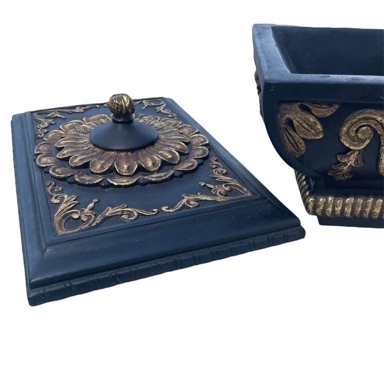 Black Wood Box hand painted with a gold gilt and carved For Sale at 1stDibs