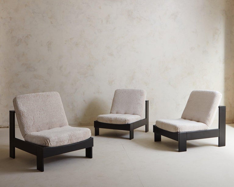 Black Wood Frame Lounge Chair in Cream Shearling, France, 20th Century ...