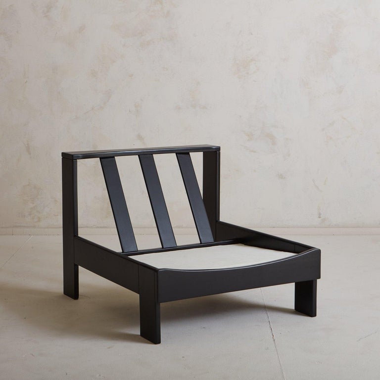 Black Wood Frame Lounge Chair in Cream Shearling, France, 20th Century ...