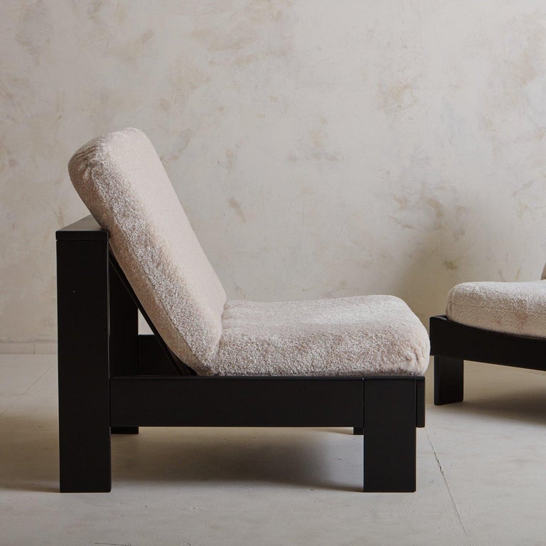 Black Wood Frame Lounge Chair in Cream Shearling, France, 20th Century ...