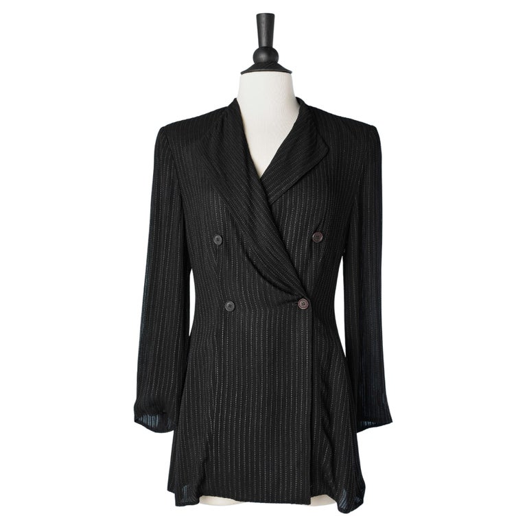 Black woven silk double-breasted with silk chiffon lining jacket ...