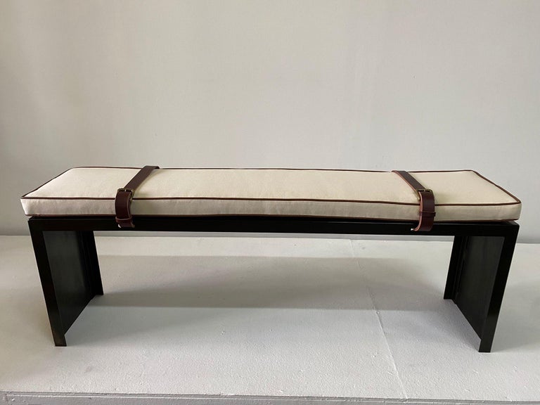 Blackened Iron Belt Strap and Canvas Bench For Sale at 1stDibs