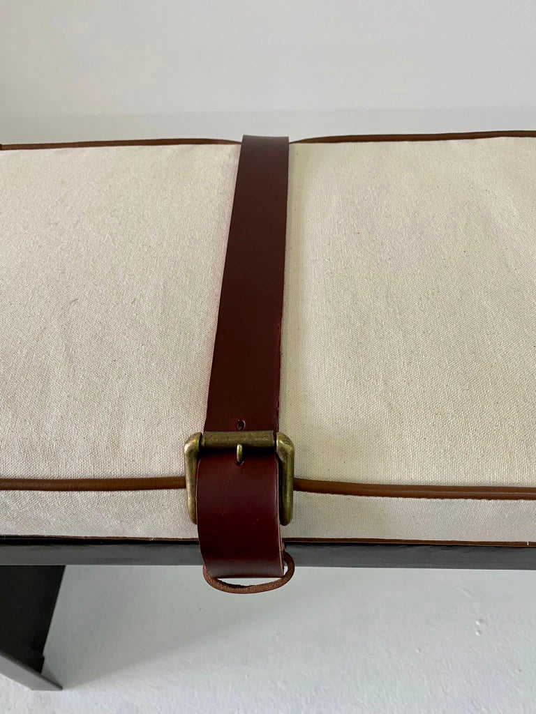 Blackened Iron Belt Strap and Canvas Bench For Sale at 1stDibs