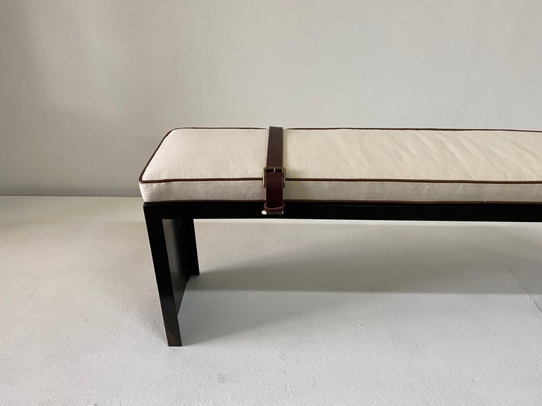 Blackened Iron Belt Strap and Canvas Bench For Sale at 1stDibs