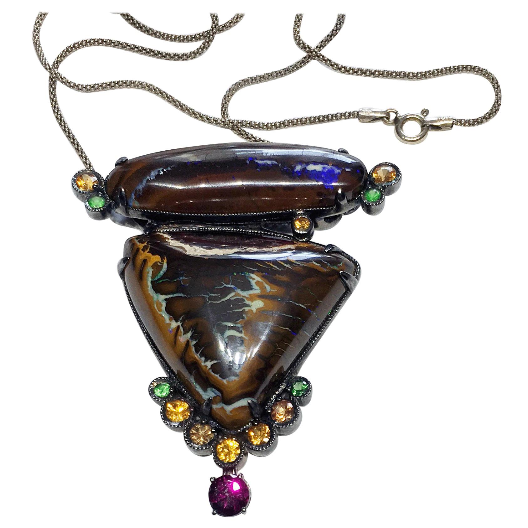 Australian Boulder Opal Pendant Sliding on an Blackened Silver Chain ...