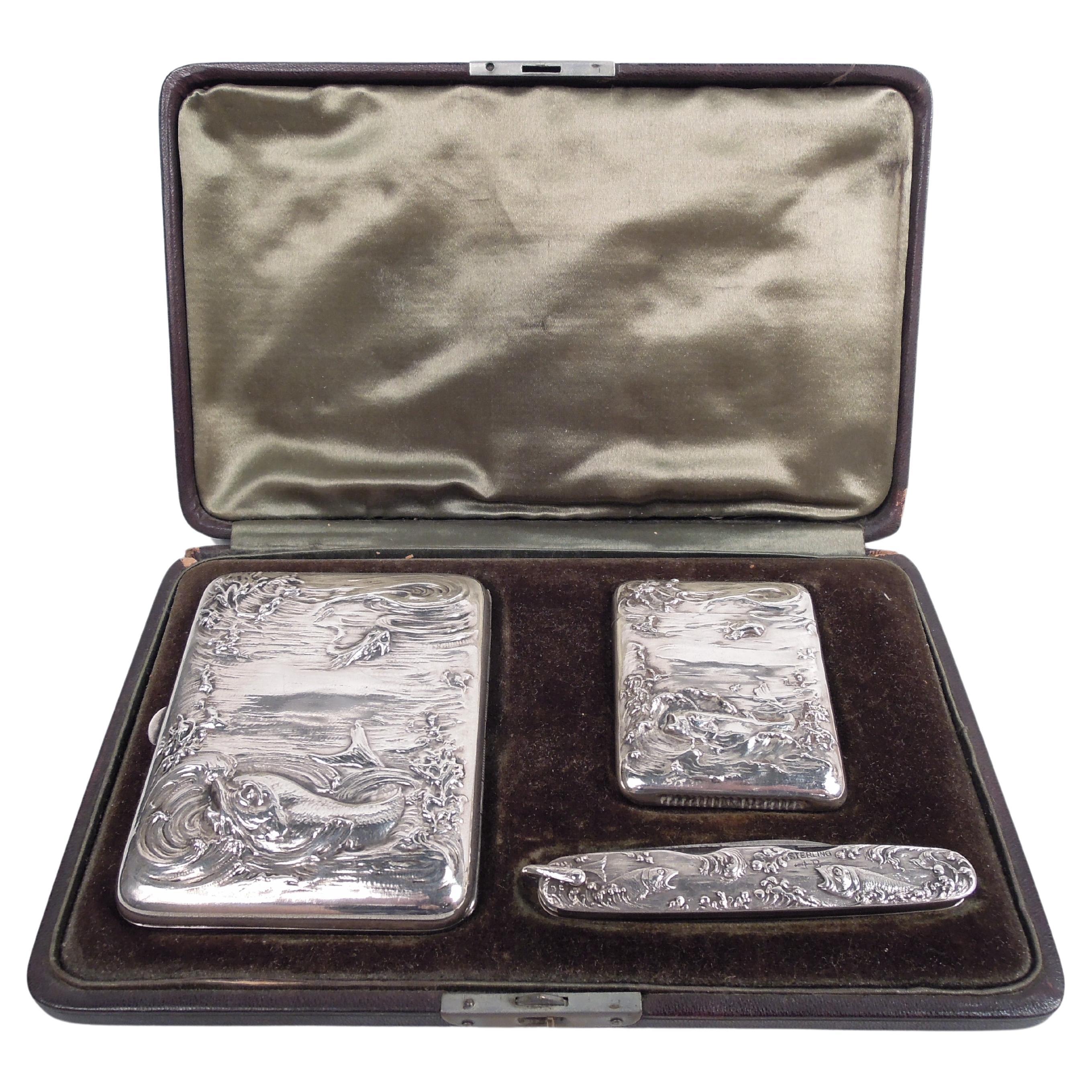 Blackinton Art Nouveau 3-Piece Smoking Set with Pocket Knife in Case ...