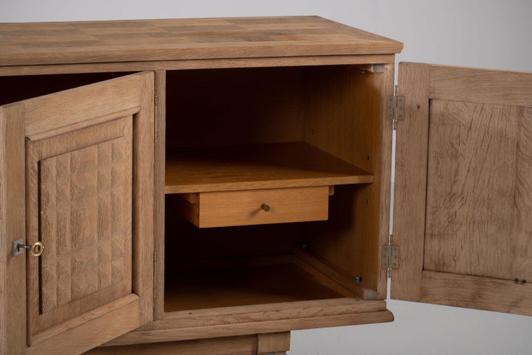Bleached Solid Oak Credenza with Diamonds Details, France, 1940s at 1stDibs