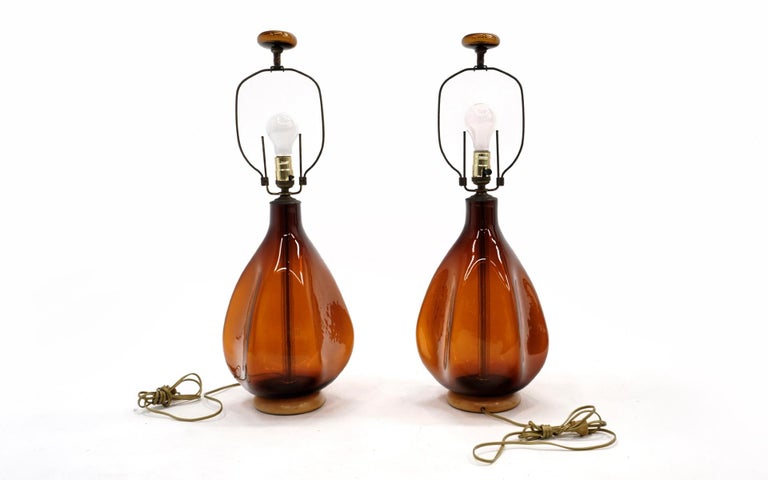 Blenko Art Glass Table Lamps with Original Glass Finials at 1stDibs