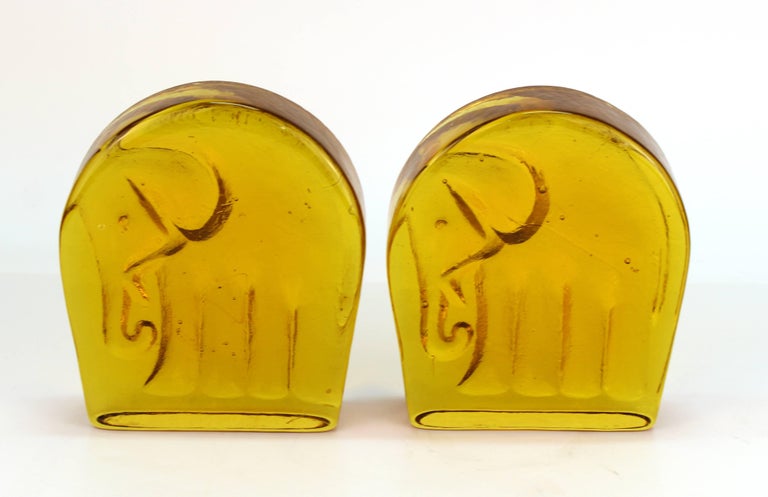 Blenko Mid-Century Modern Glass Bookends with Elephant Motif For Sale ...