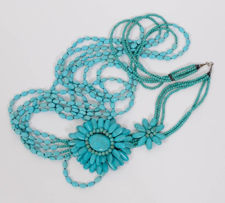 Bleu turquoise beaded boho style opera length necklace at 1stDibs