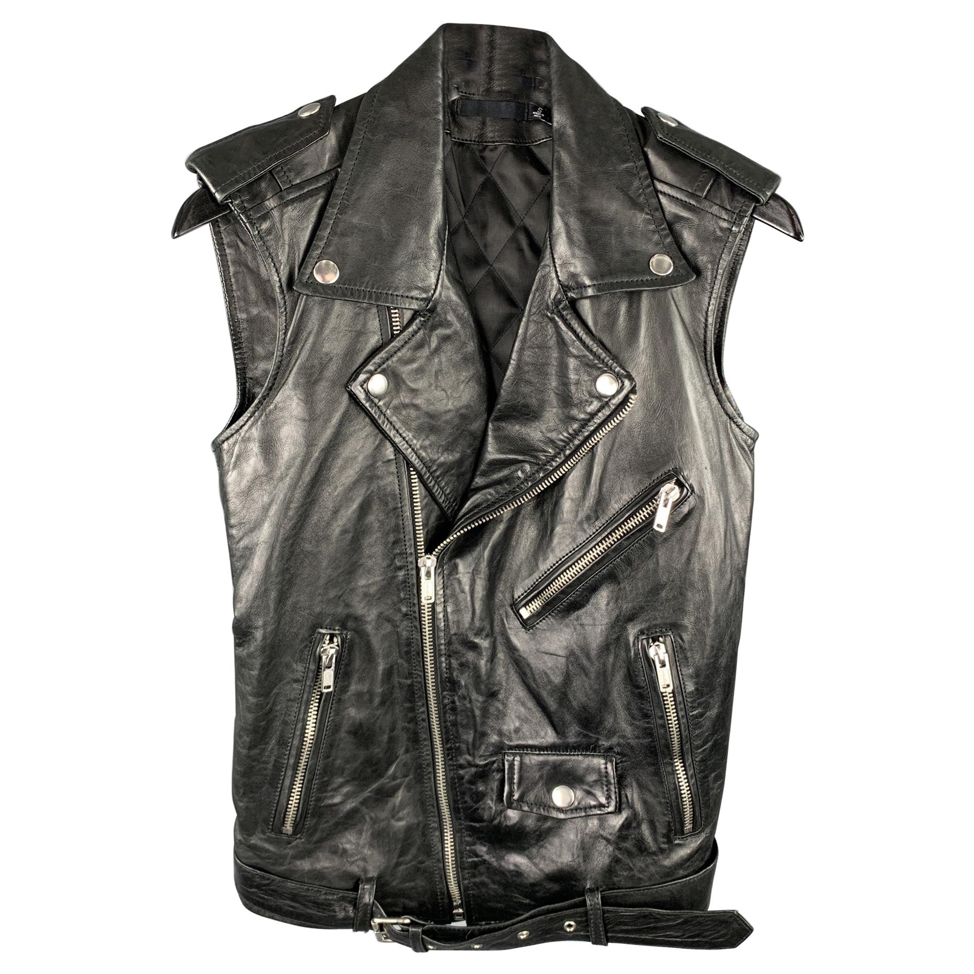 BLK DNM Size S Black Leather Zipper Pockets Zip Up Biker Vest at ...