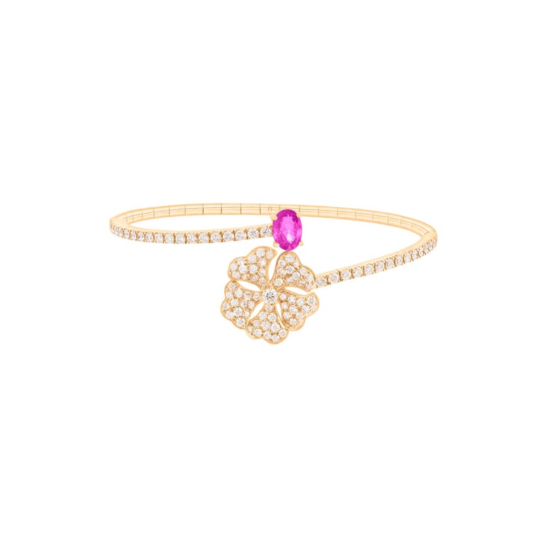 Bloom Pink Sapphire and Diamond Open Spiral Bangle in 18k Yellow Gold ...