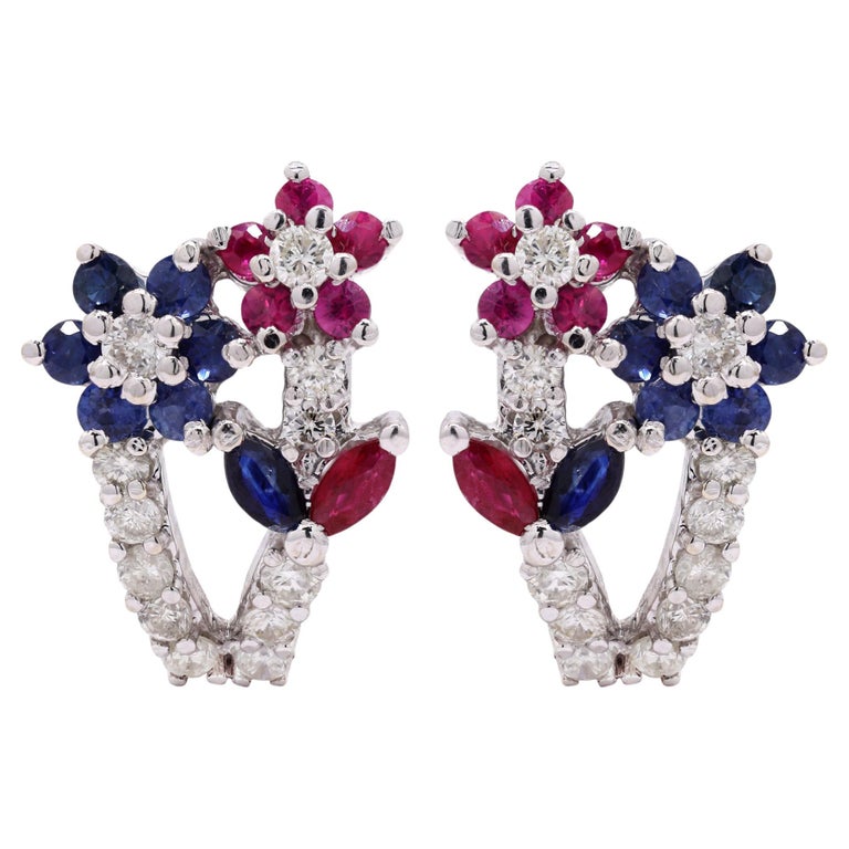 Blooming Sapphire, Ruby and Diamonds Clip On Stud Earrings in 18K White Gold For Sale at 1stDibs
