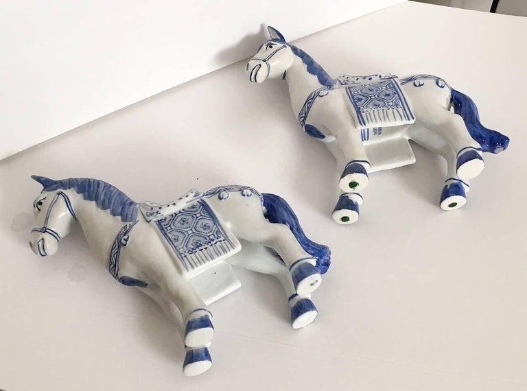 Blue and White Chinese Horse Statues, Pair at 1stDibs